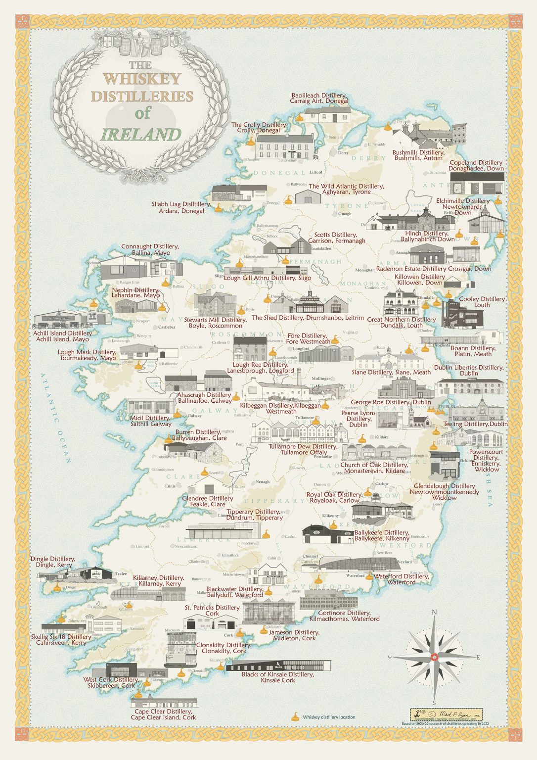 Whiskey Distilleries Of Ireland Map - Mark P Ryan Artist
